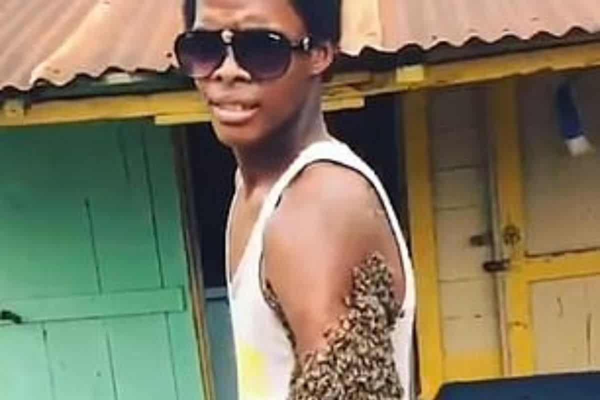Man courageously carries a swarm of bees on his arm